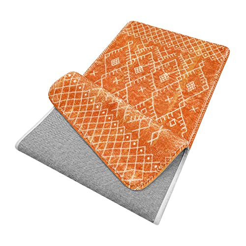 Uphome Bathroom Runner Rug 18x47 inch Long Boho Bath Mat Non-Slip Moroccan Farmhouse Orange Bath Rug Soft Velvet Machine Washable Bathroom Mats for Tub Sink Shower