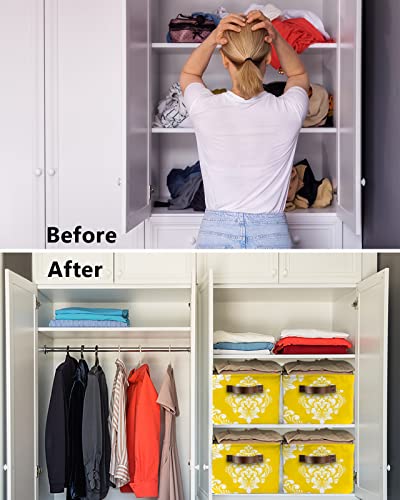Yellow Storage Bins for Organizing, Decorative Large Closet Organizers with Handles Cubes - 2 Pack Fabric Baskets for Shelves, Closets, Laundry, Nursery, Classical Luxury Damask Texture