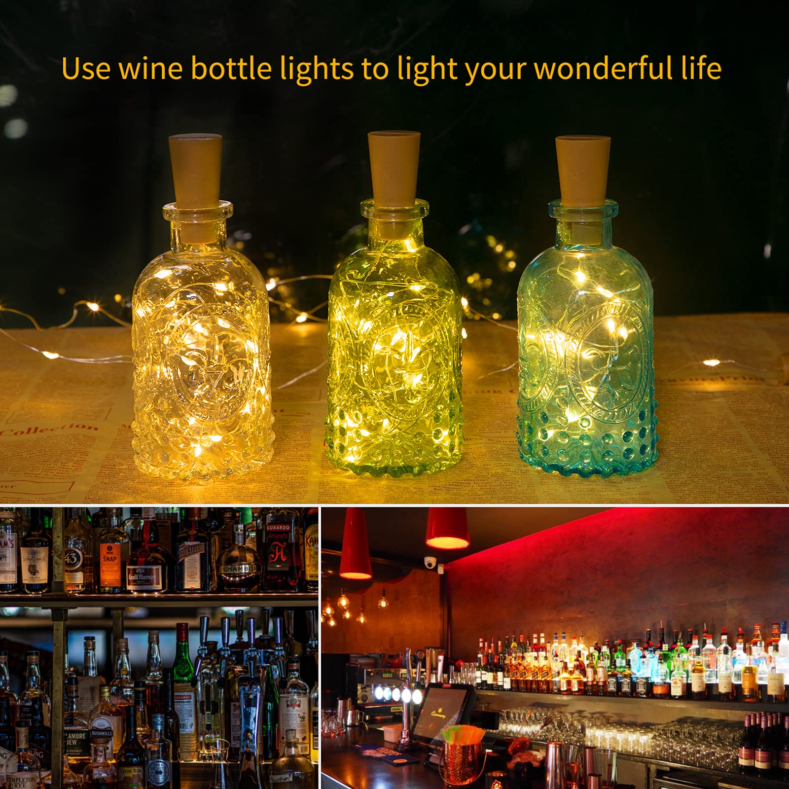 Brightown Wine Bottle Lights with Cork, 10 Pack 20 LED Waterproof Battery Operated Cork Lights, Silver Wire Mini Fairy Lights for Liquor Bottles DIY Party Bar Christmas Wedding Décor