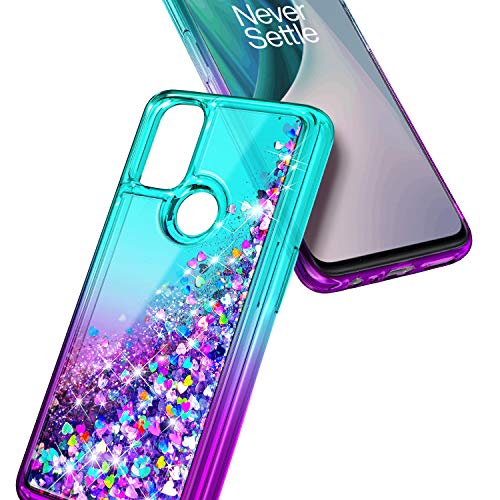 NZND Case for OnePlus Nord N10 5G with Tempered Glass Screen Protector (Full Coverage), Sparkle Glitter Flowing Liquid Women Girls Cute Phone Case (Aqua/Purple)