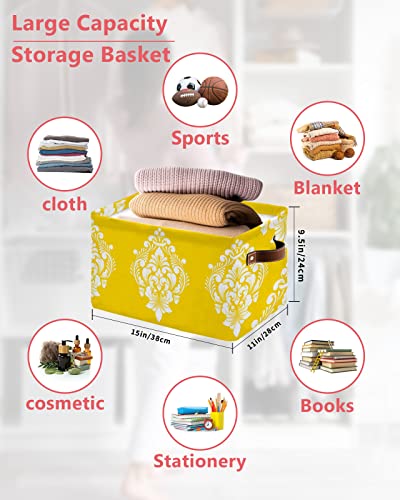 Yellow Storage Bins for Organizing, Decorative Large Closet Organizers with Handles Cubes - 2 Pack Fabric Baskets for Shelves, Closets, Laundry, Nursery, Classical Luxury Damask Texture