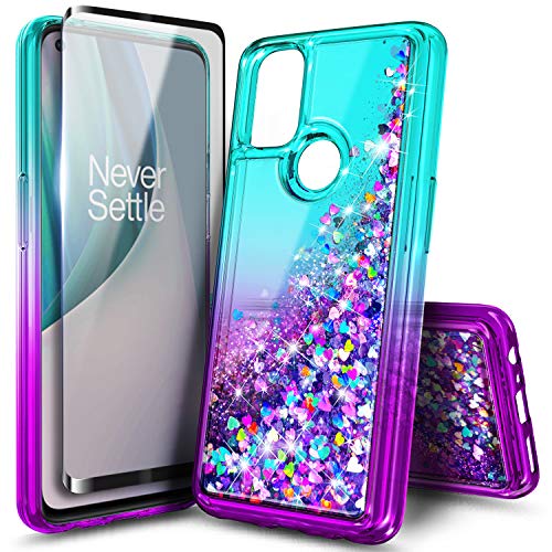 NZND Case for OnePlus Nord N10 5G with Tempered Glass Screen Protector (Full Coverage), Sparkle Glitter Flowing Liquid Women Girls Cute Phone Case (Aqua/Purple)