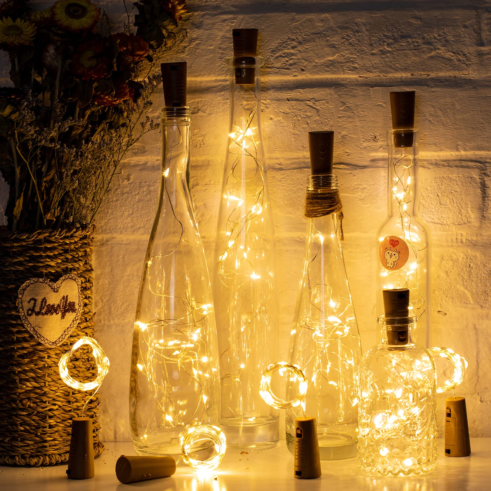 Brightown Wine Bottle Lights with Cork, 10 Pack 20 LED Waterproof Battery Operated Cork Lights, Silver Wire Mini Fairy Lights for Liquor Bottles DIY Party Bar Christmas Wedding Décor