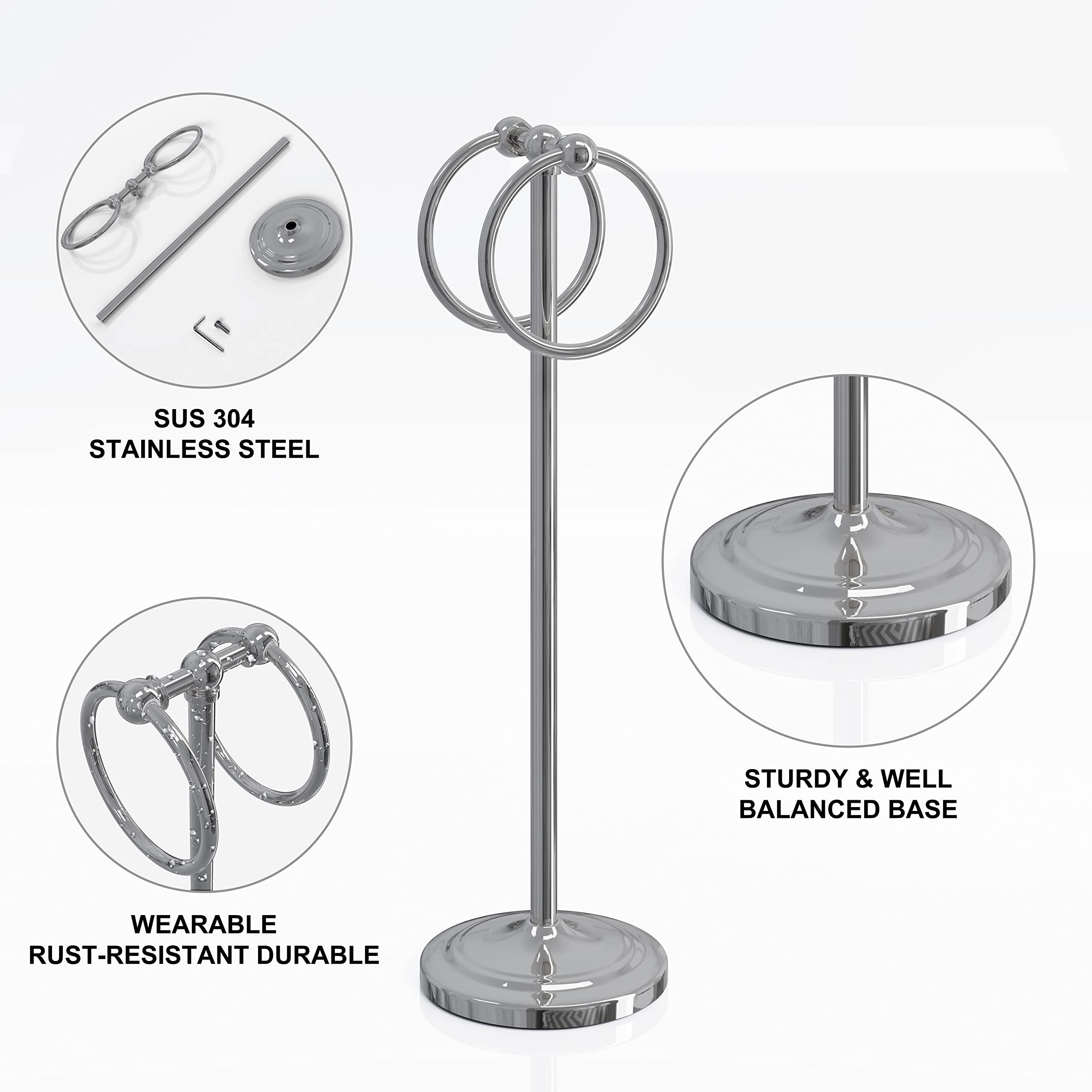 BGL Fingertip Towel Holder Stand Hand Towel Ring for Bathroom or Kitchen Vanity Countertops to Store Hand Towels Washcloths or dishcloths - 2 Hanging Rings,17" High-Chrome