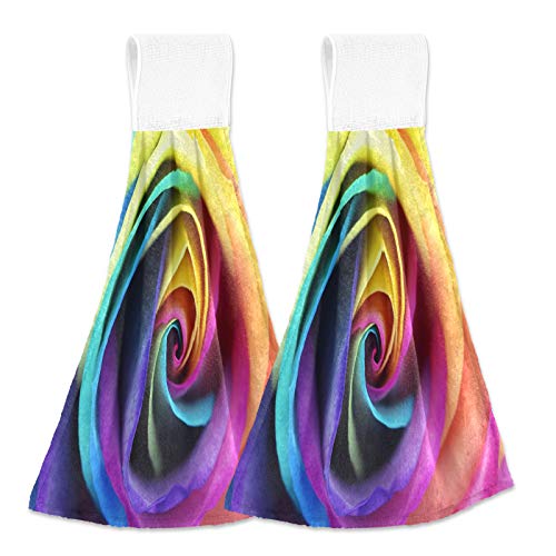 YPPAHHHH Colorful Rainbow Flower Rose Kitchen Hand Towel Set of 2 Hanging Towel with Loop Absorbent Tie Towels Dish Cloth Washcloth for Bathroom Laundry Room Tabletop