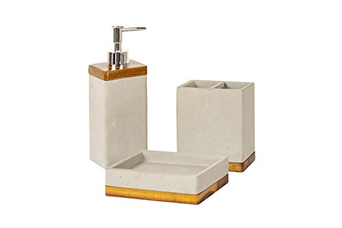 nu steel nusteel Concrete, Made of Cement Bath Accessory Set for Vanity Countertops, 3 Piece Luxury Ensemble Dish, Toothbrush Holder, soap and Lotion Pump, Grey Stone/Brown