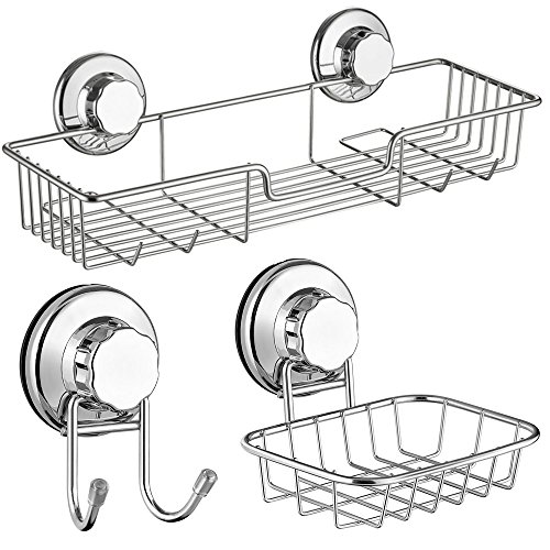 SANNO Vacumn Suction cups Shower Caddy Soap Dish Double Bath Hook-Bath Organizer Kitchen Storage Basket for Shampoo, Conditioner, Soap- Anti Rust stainless steel (set of 3)