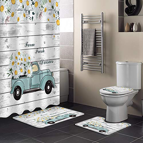Xback 4 Piece Shower Curtain Sets for Bathroom, Farm Fresh Daisies Blue Truck Fresh Pastoral Style Retro Wood Board Machine Washable Bath Curtain with Non-Slip Rugs, Toilet Lid Cover and Bath Mat