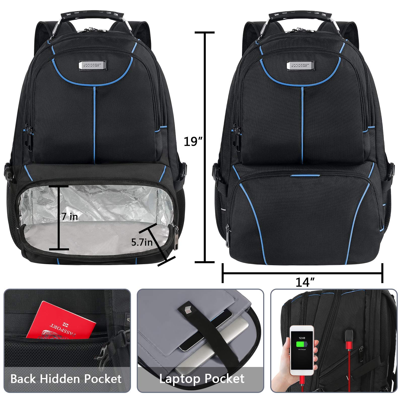 VECKUSON Lunch Bag Backpack, Insulated Cooler Lunch Box Backpack, Extra Large Travel Laptop Backpack TSA Friendly RFID Computer College bag with USB Port for Women Men,Blue