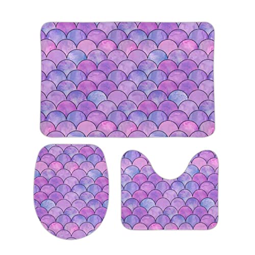 SEPTYK Mermaid Fish Scales Pattern Bathroom Rugs Sets 3 Piece Absorbent Soft Non-Slip Bath Mat U-Shaped Pad and Toilet Lid Cover Washable Bathroom Decoration 15.7"x23.6"