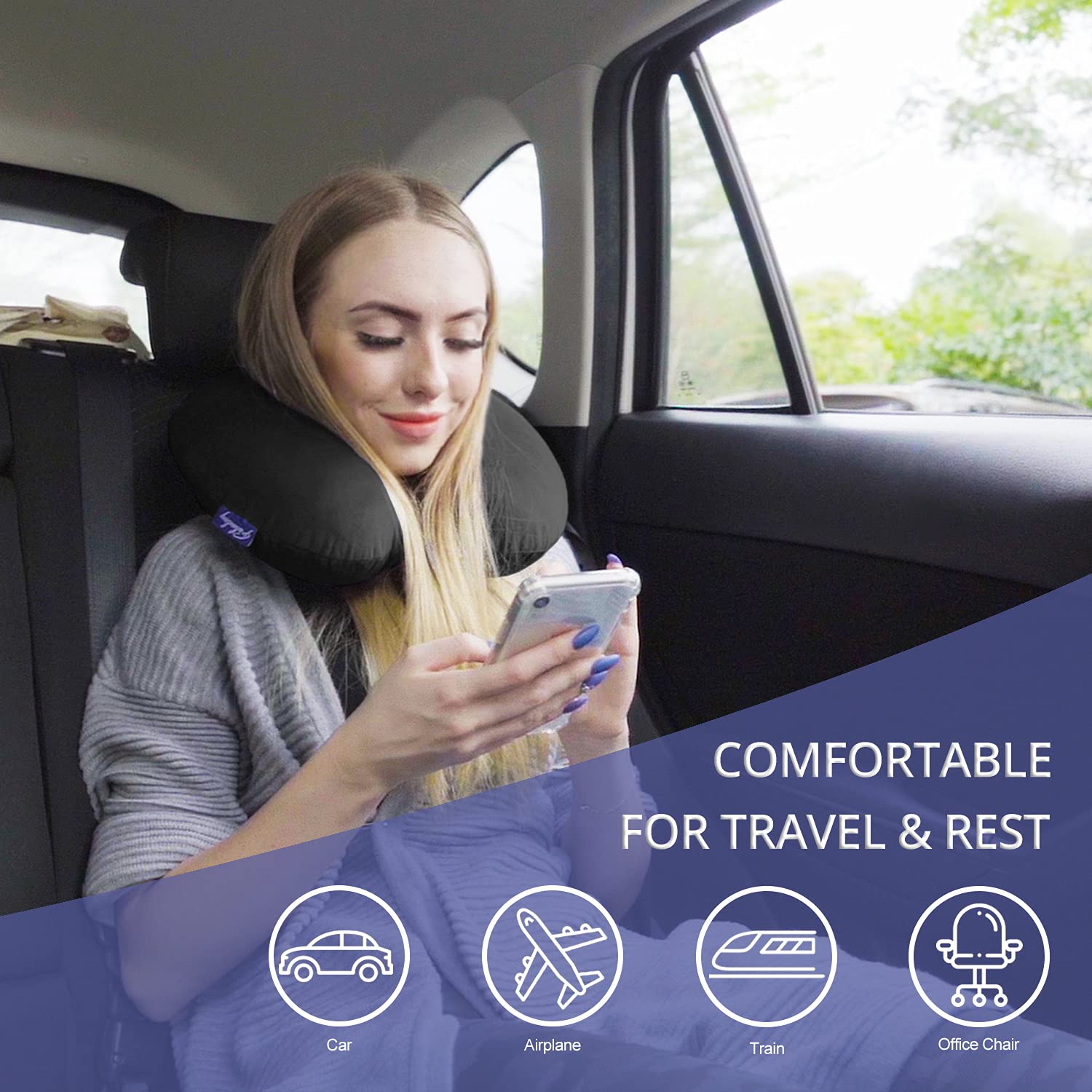 Fabuday Memory Foam Travel Pillows for Airplanes - Neck Pillow for Traveling with Attachable Snap Strap Soft Washable Cover, Flight Pillow for Sleeping, Car, Home, Office, Black