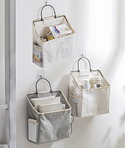 Wall Hanging Storage Bag (3 Pieces), Waterproof Hanging Bag Storage Wall Cotton & Linen Cloth Art Storage Bag, Student Dormitory Hanging Basket Bed Books Hanging Storage Bag for Store Clothes, Books