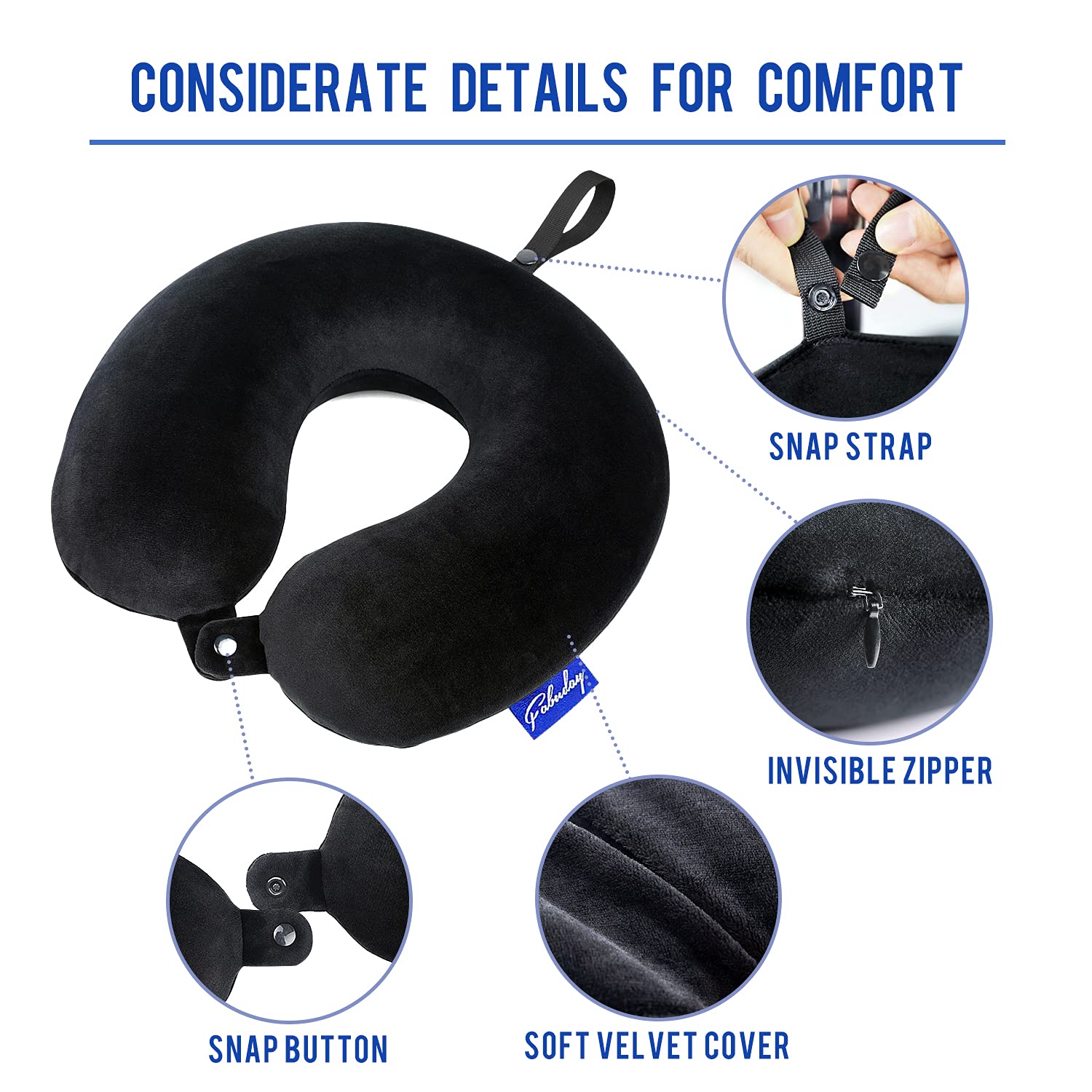 Fabuday Memory Foam Travel Pillows for Airplanes - Neck Pillow for Traveling with Attachable Snap Strap Soft Washable Cover, Flight Pillow for Sleeping, Car, Home, Office, Black