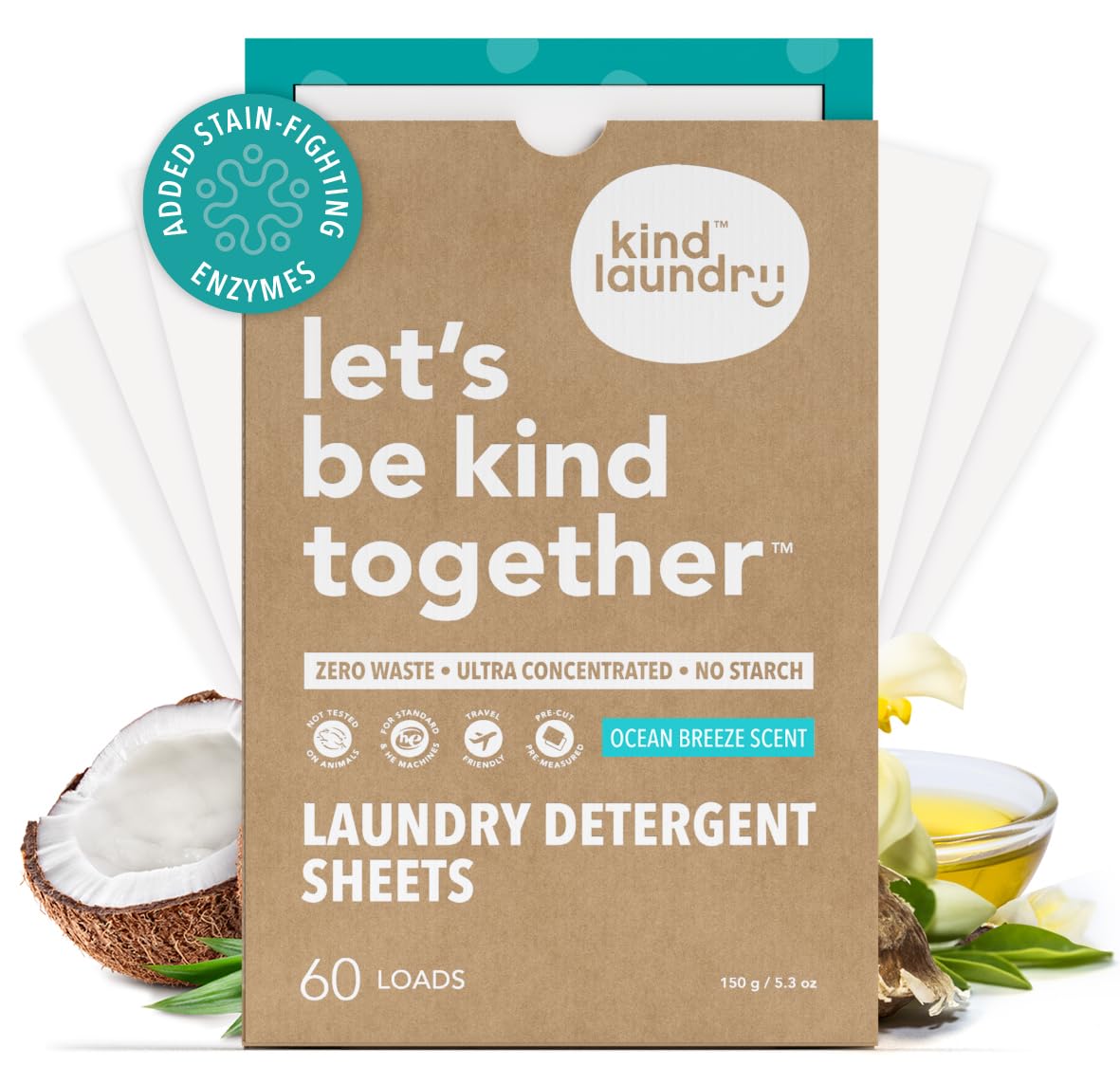 Kind Laundry Detergent Sheets Stain-Fighting Enzymes - Plant Powered Eco-Friendly Laundry Soap Sheets - Home or Travel Laundry Detergent - Ocean Breeze, 60 Loads (Mom's Choice Award Winner)