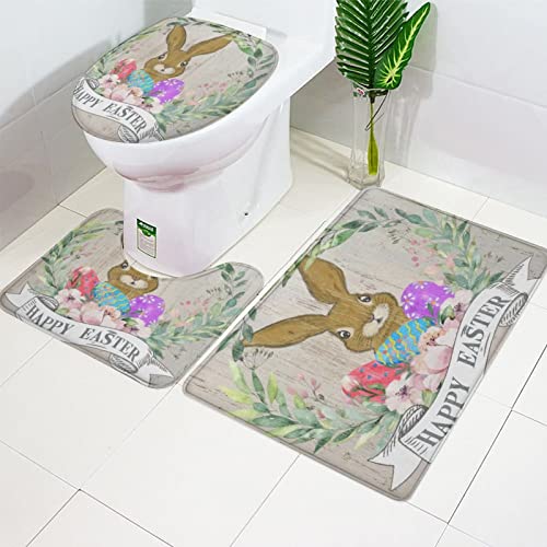 Royalours Happy Easter Bath Sets 3 Piece Rugs Bunny Easter Eggs Floral Wreath Mats Non Slip Water Absorbent U-Shaped Contour Toilet Mat Eggs Spring Flower Lid Cover(ED-Easter-1)