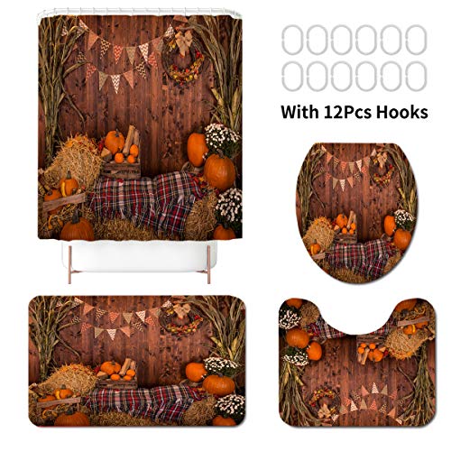4Pcs Rustic Banner Pumpkins Farmhouse Shower Curtain Set with Non-Slip Rugs, Toilet Lid Cover Bath Mat, Pumpkins Maple Leaves Shower Curtain with 12 Hooks for Bathroom (Rustic Banner Pumpkins)