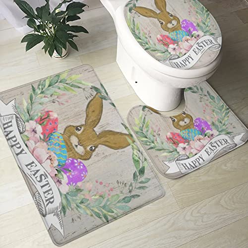 Royalours Happy Easter Bath Sets 3 Piece Rugs Bunny Easter Eggs Floral Wreath Mats Non Slip Water Absorbent U-Shaped Contour Toilet Mat Eggs Spring Flower Lid Cover(ED-Easter-1)