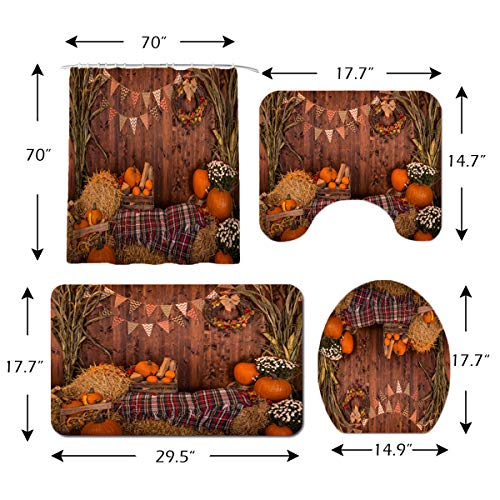 4Pcs Rustic Banner Pumpkins Farmhouse Shower Curtain Set with Non-Slip Rugs, Toilet Lid Cover Bath Mat, Pumpkins Maple Leaves Shower Curtain with 12 Hooks for Bathroom (Rustic Banner Pumpkins)