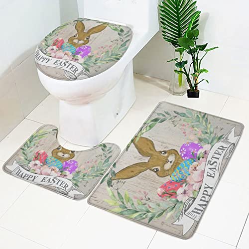 Royalours Happy Easter Bath Sets 3 Piece Rugs Bunny Easter Eggs Floral Wreath Mats Non Slip Water Absorbent U-Shaped Contour Toilet Mat Eggs Spring Flower Lid Cover(ED-Easter-1)