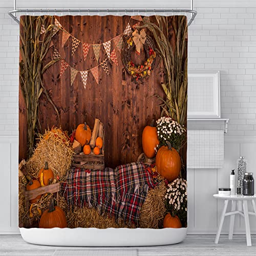 4Pcs Rustic Banner Pumpkins Farmhouse Shower Curtain Set with Non-Slip Rugs, Toilet Lid Cover Bath Mat, Pumpkins Maple Leaves Shower Curtain with 12 Hooks for Bathroom (Rustic Banner Pumpkins)