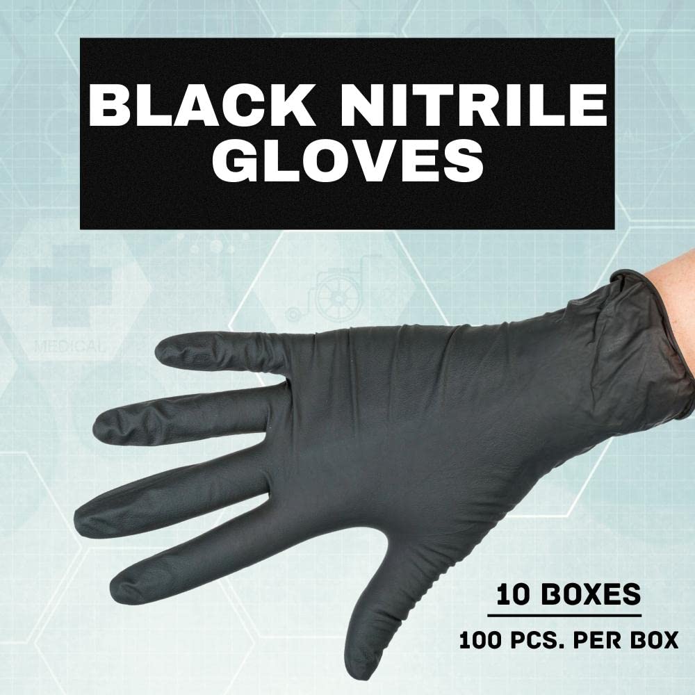 PSBM Industrial Nitrile Disposable Gloves, 1000 Pack, Size X-Small, Black, Textured Fingertips, Latex Free & Powder Free Multi-Use Gloves