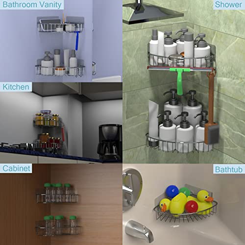 STARICH Shower Shelf for inside Shower, Shower Shelf Corner, Shower Corner Caddy, Adhesive Shower Caddy, Shower Wall Caddy, Stainless Steel Shower Caddy Suction No Drill Bathroom Storage 2 Pack Silver