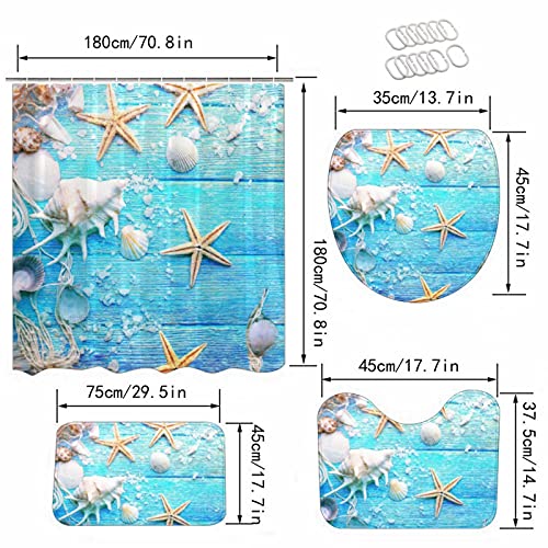 4 Pcs Nautical Bathroom Sets with Shower Curtain and Rugs and Accessories, Ocean Beach Shower Curtain with 12 Hooks, Durable Waterproof Fabric Shower Curtain 72x72inch