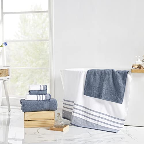 Modern Threads 6 Piece Set, 2 Bath Towels, 2 Hand Towels, 2 Washcloths, Quick Dry White/Contrast Reinhart Denim