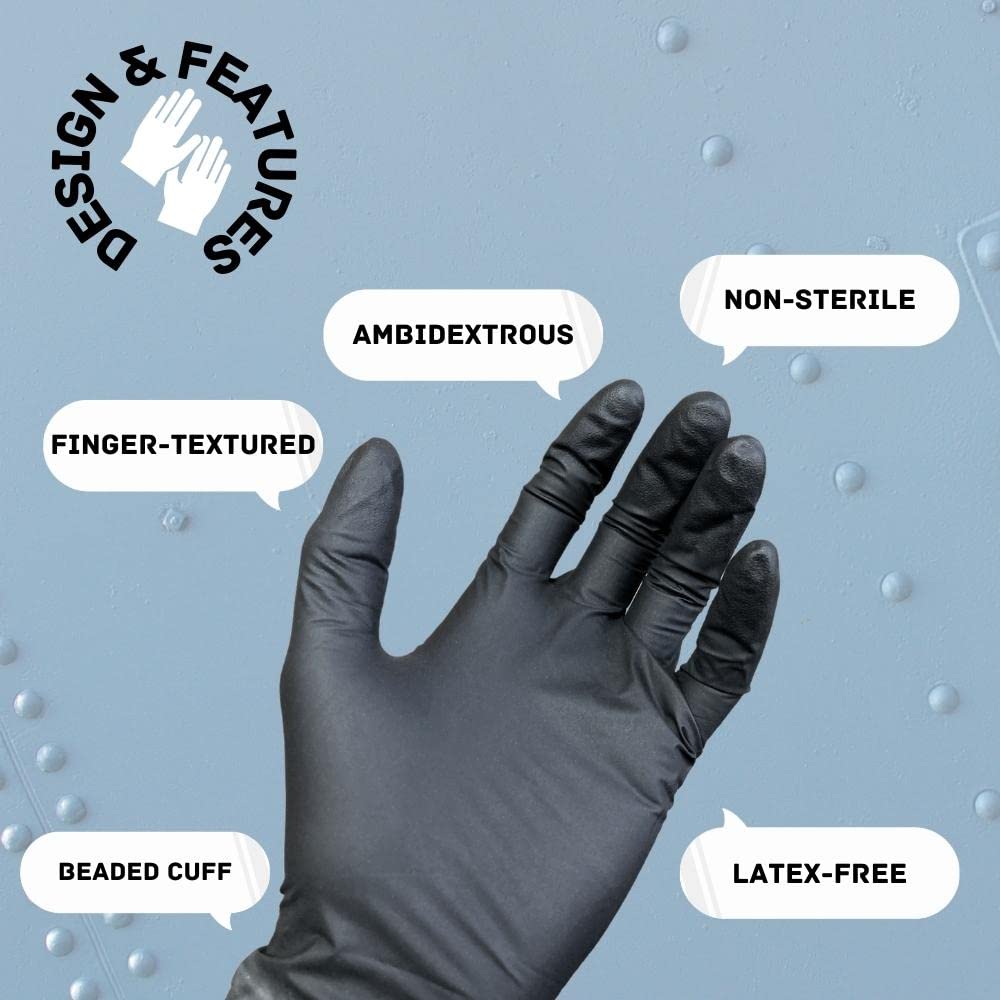 PSBM Industrial Nitrile Disposable Gloves, 1000 Pack, Size X-Small, Black, Textured Fingertips, Latex Free & Powder Free Multi-Use Gloves