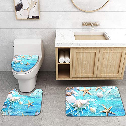 4 Pcs Nautical Bathroom Sets with Shower Curtain and Rugs and Accessories, Ocean Beach Shower Curtain with 12 Hooks, Durable Waterproof Fabric Shower Curtain 72x72inch