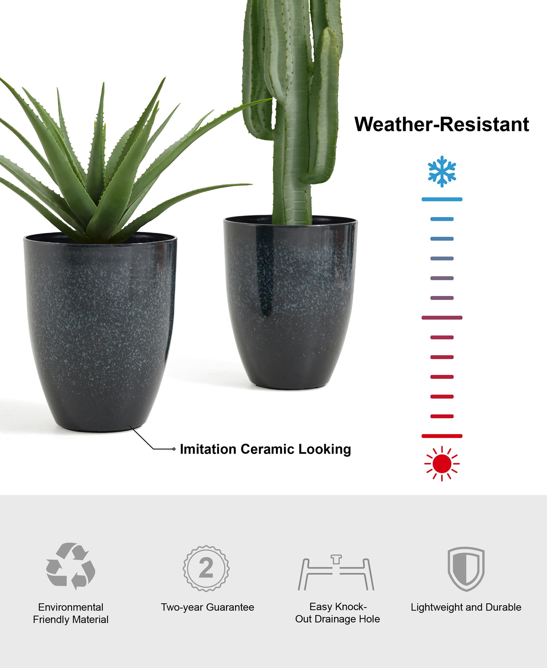 Glitzhome Set of 2 Large Tall Planter Pots,16.75''H Faux Ceramic Oversized Garden Flower Pots with Drainage Holes,Outdoor Indoor Tall Planters for Front Door,Patio and Deck