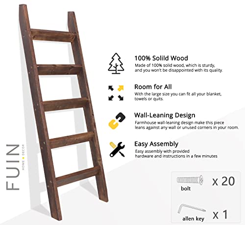 FUIN 5 Ft (58") Wood Decorative Wall Leaning Blanket Ladders Bathroom Storage Quilt Towel Display Rack Shelf Holder Rustic Farmhouse, Brown