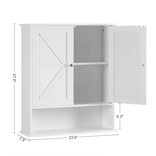 Reettic Two Door Wall Cabinet, Wooden Medicine Cabinet, Wall Mounted Bathroom Storage Cabinet with Inner Adjustable Shelf, for Bathroom, Kitchen, Entryway, White BMGZ103W
