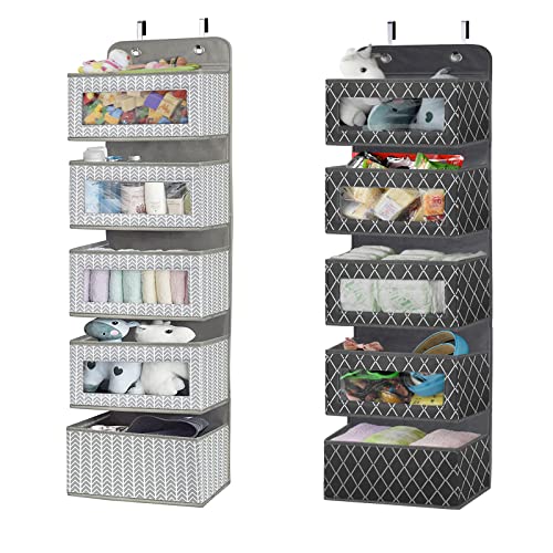 2 Pack Over The Door Hanging Organizer with 5 Large Pockets - Foldable Wall Mount Fabric Storage with Clear Window and 2 Metal Hooks for Pantry,Closet,Kitchen,Nursery,Bathroom,Dorm-49.6x12.2x5 inches