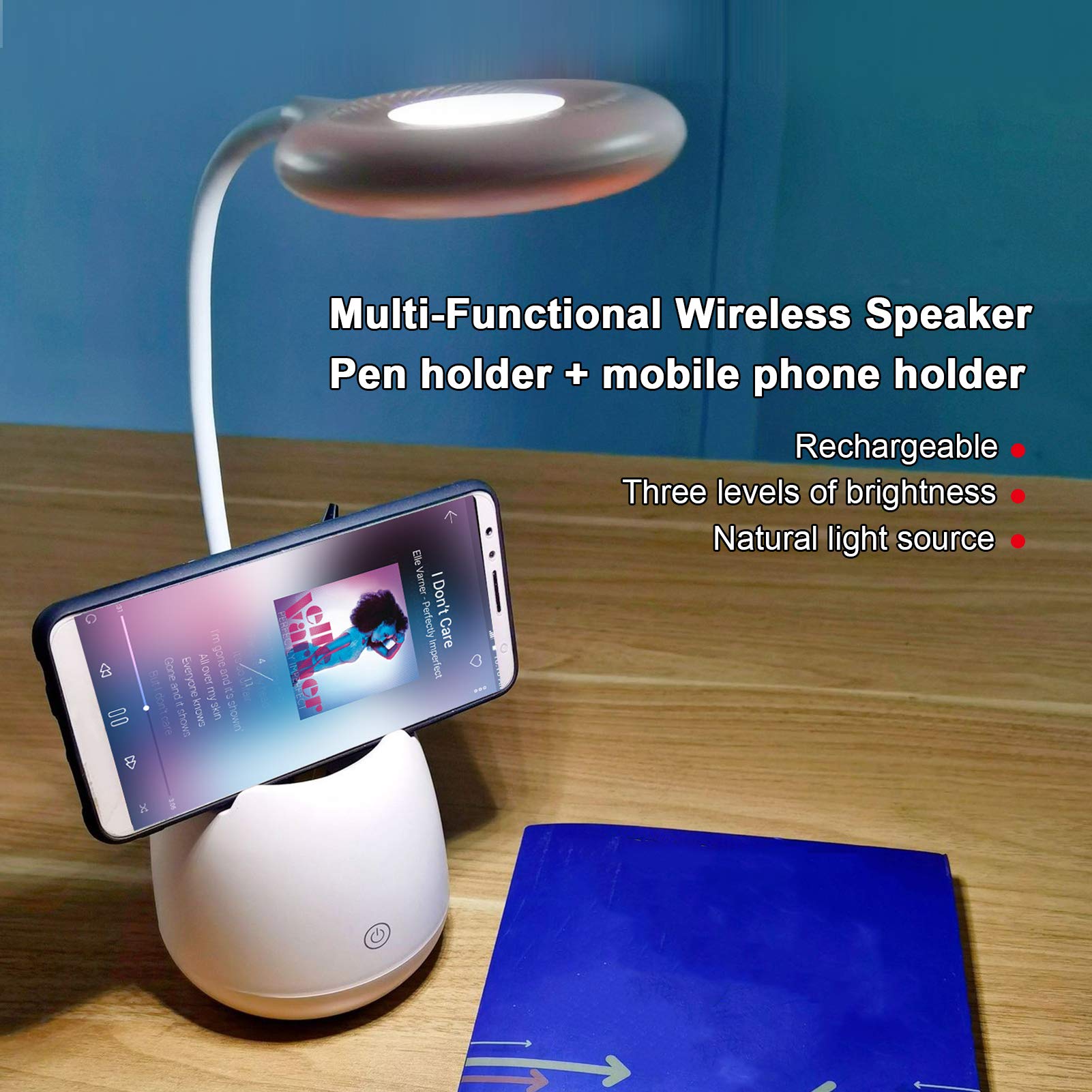 Sutinna Multifunctional LED Table Lamps, Bluetooth Speaker Touch Control Desk Light Phone Stand, Dimmable Office Desk Lamp with USB Charging Port(White)