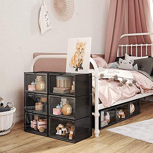 Shoe Storage Boxes Clear Stackable Women Men Sneaker Storage Display Box Foldable Shoe Organizer Box Black Closet Bedroom Plastic Shoe Boxes Black (3 Pack)