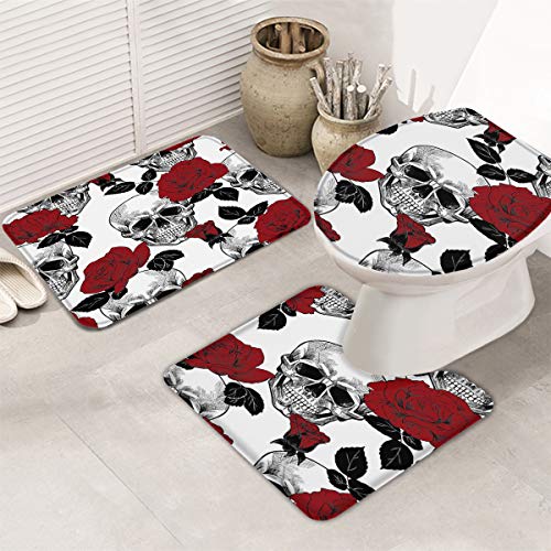 Women Trend 3 Piece Bath Rugs Set Red Rose Leaves Skull Non-Slip Bathroom Mats Absorbent Contour Soft Mat Toilet Lid Cover Bathroom Decor Set- 20"x32"+16"x18"+16"x20"