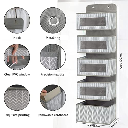 2 Pack Over The Door Hanging Organizer with 5 Large Pockets - Foldable Wall Mount Fabric Storage with Clear Window and 2 Metal Hooks for Pantry,Closet,Kitchen,Nursery,Bathroom,Dorm-49.6x12.2x5 inches