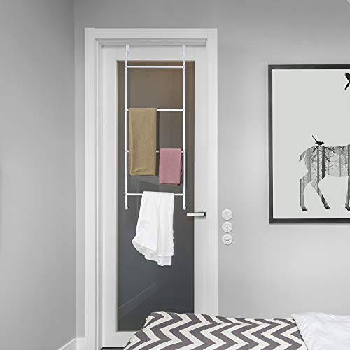 MyGift Over-The-Door Towel Rack with 4 Rungs, White Metal Ladder Bathroom Towel Hanging Storage Drying Rack