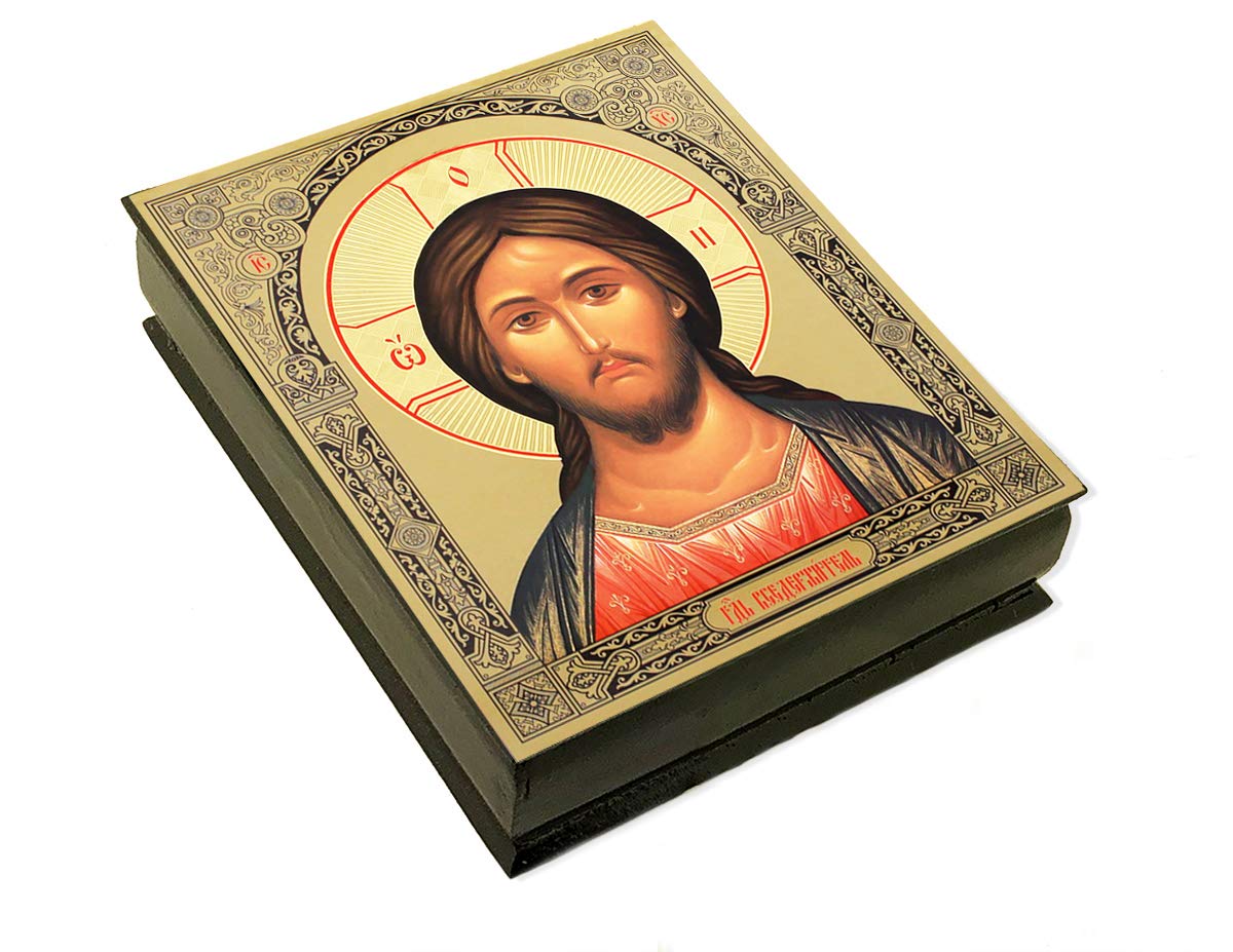Needzo Jesus Christ Rosary Box Prayer Bead Jewelry Wooden Russian Icon Box, Keepsake Religious Gift 5 Inch