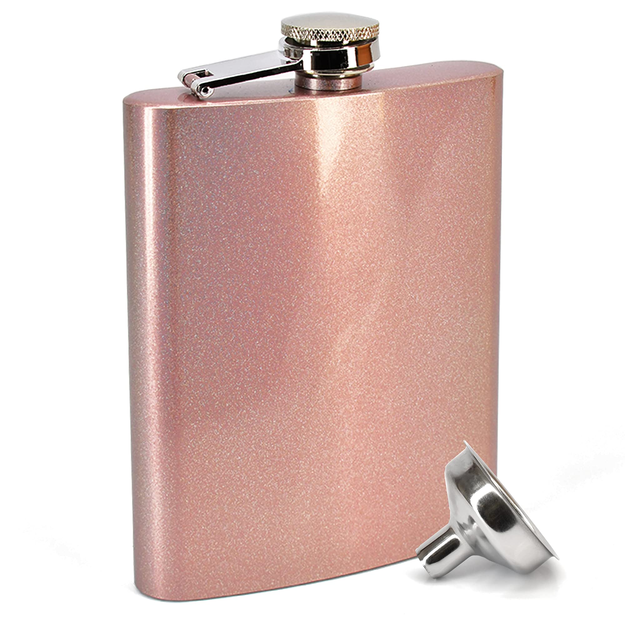 Clear Water Home Goods - 8 oz Rose Gold Holographic Glitter Sparkle Stainless Steel Hip Flask w/Funnel - Wedding Party - Groomsman - Bridesmaid