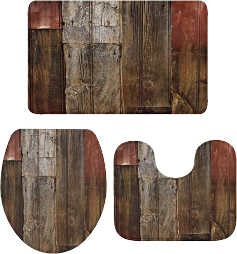 Apular Fashion 3 Piece Bath Rugs Set Brown Old Wooden Board Non Slip Ultra Soft Bathroom Accessories Mats, U Shape Mat and Toilet Lid Cover Mat Bath Mats