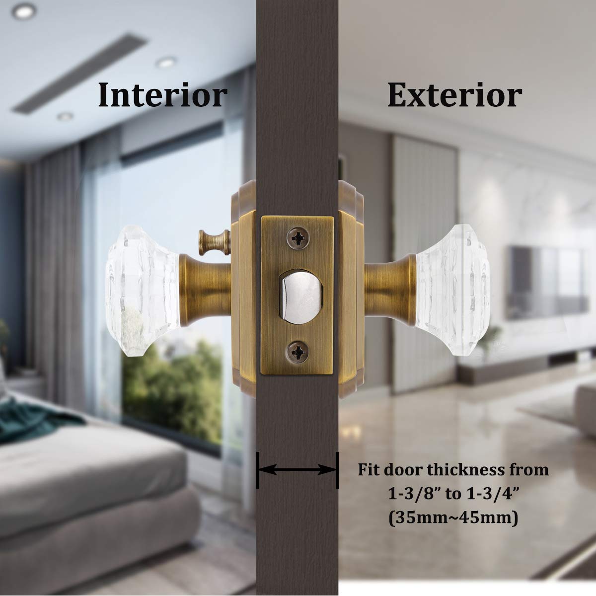 Gobrico Privacy Door Lock Sets Crystal Knobs Heavy Duty Door Hardware,Keyless Bath/Bed Door Knobset with Lock Inside,Push Pin Button,Antique Brass Arched Rosette,2 Pack