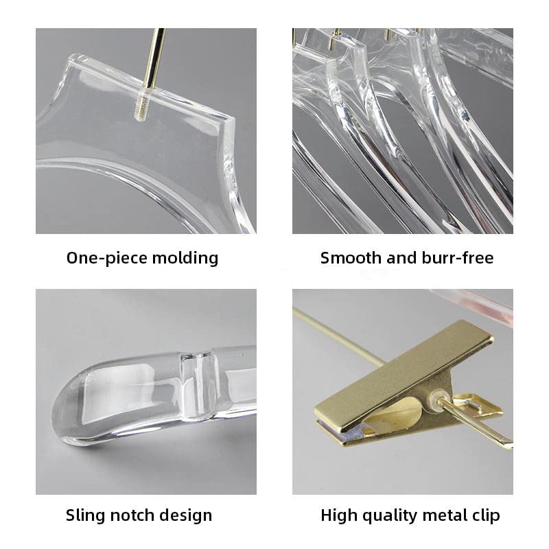 Nisorpa Acrylic Hangers with Clips, 10 Pack Clear Plastic Hangers Non-Slip with Golden Chrome Steel Hook, Clothes Hangers Space Saving Hanger for Dresses Suit Jacket Sweater Blouse