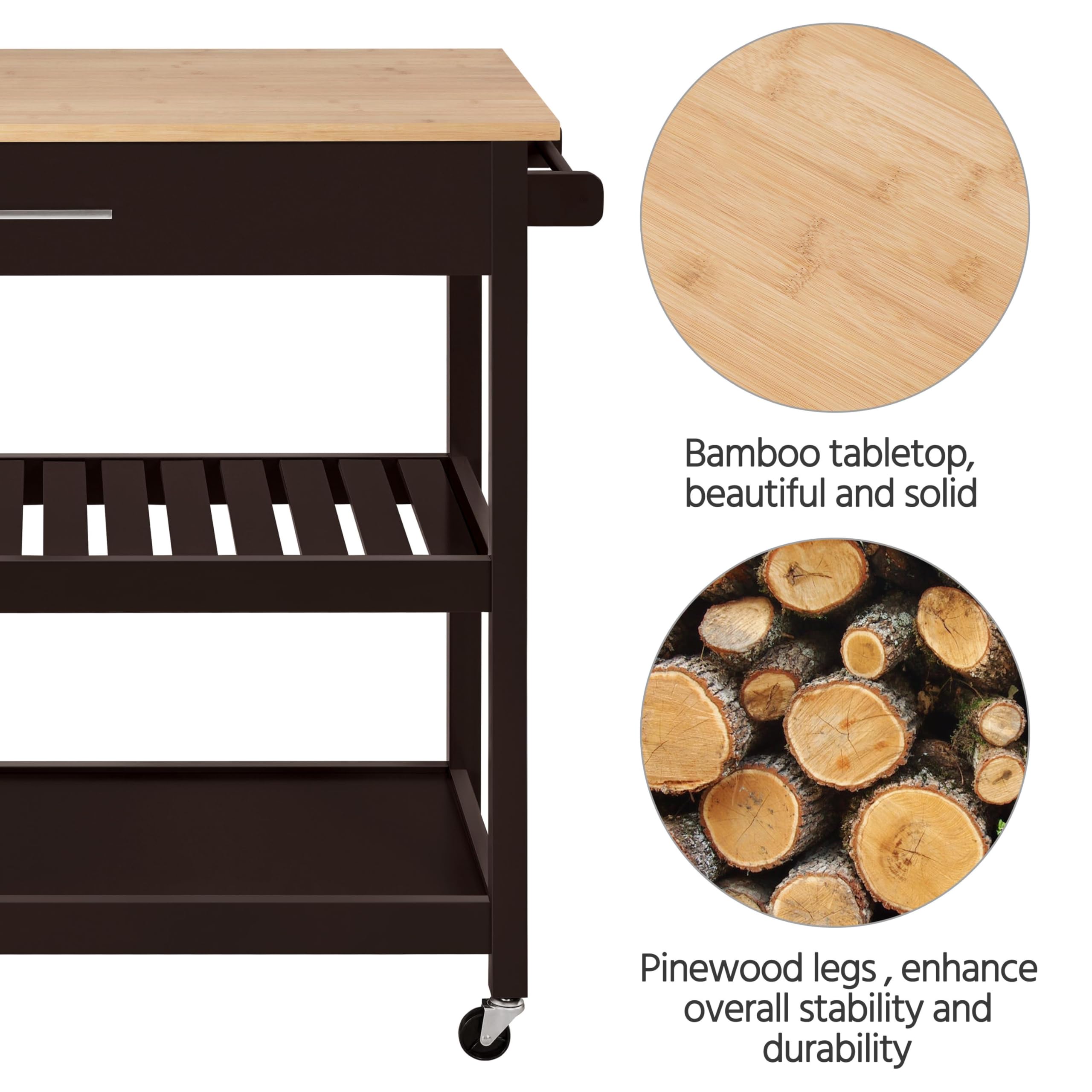 Yaheetech Rolling Kitchen Island Cart, 3 Tiers Microwave Stand Cart Serving Cart on Wheels with Storage Drawer and Shelves 40’’ W Large Countertop, Espresso