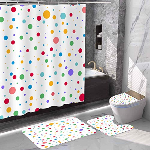 4 Pcs Rainbow Polka Dot Shower Curtain Set, Colorful Abstract Circles Bathroom Sets with Shower Curtain and Rugs, Bath Curtain and Bath Mat, Toilet Lid Cover and U Shaped Rug, 12 Hooks, SETLSSD265