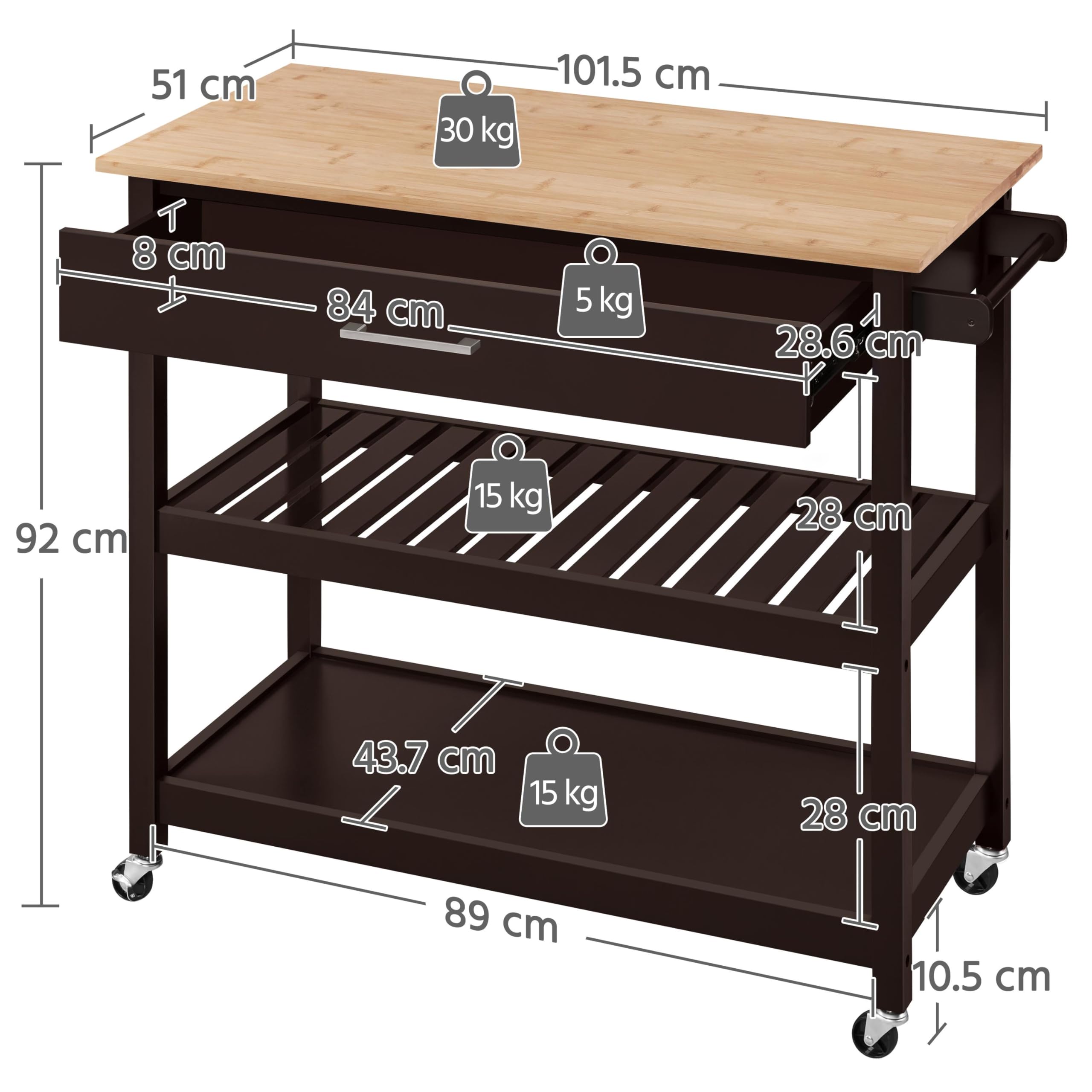 Yaheetech Rolling Kitchen Island Cart, 3 Tiers Microwave Stand Cart Serving Cart on Wheels with Storage Drawer and Shelves 40’’ W Large Countertop, Espresso