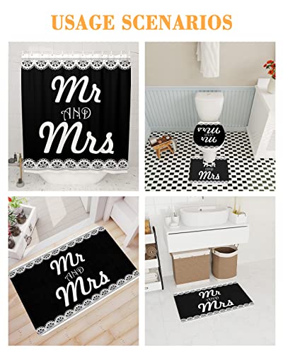 MUSEDAY 4 Pcs Shower Curtain Set Wedding Bathroom Decor Sets with Non-Slip Rugs, Toilet Lid Cover & Bath Mat Waterproof Curtains for Bathroom, Lace Pattern with Words Mr and Mrs