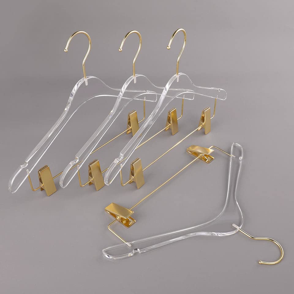 Nisorpa Acrylic Hangers with Clips, 10 Pack Clear Plastic Hangers Non-Slip with Golden Chrome Steel Hook, Clothes Hangers Space Saving Hanger for Dresses Suit Jacket Sweater Blouse