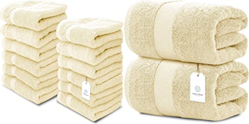 White Classic Luxury Cotton Washcloths | 12 Pack Luxury Bath Sheet | 2 Pack Bundle (Beige)